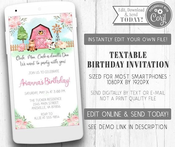 Farm Animals Birthday Textable Invitation, electronic, Pink, Flowers ...