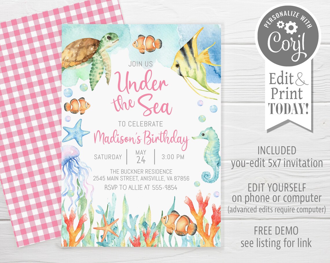 Ocean Birthday Invitation, Ocean Animals, Girl, Pink, Editable, Under ...