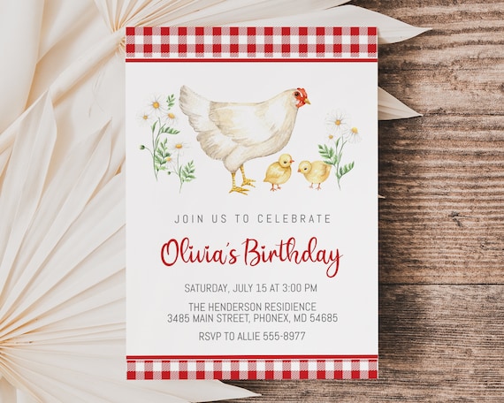 Chicken Birthday Invitation, cluck cluck, girl, editable, farm party ...