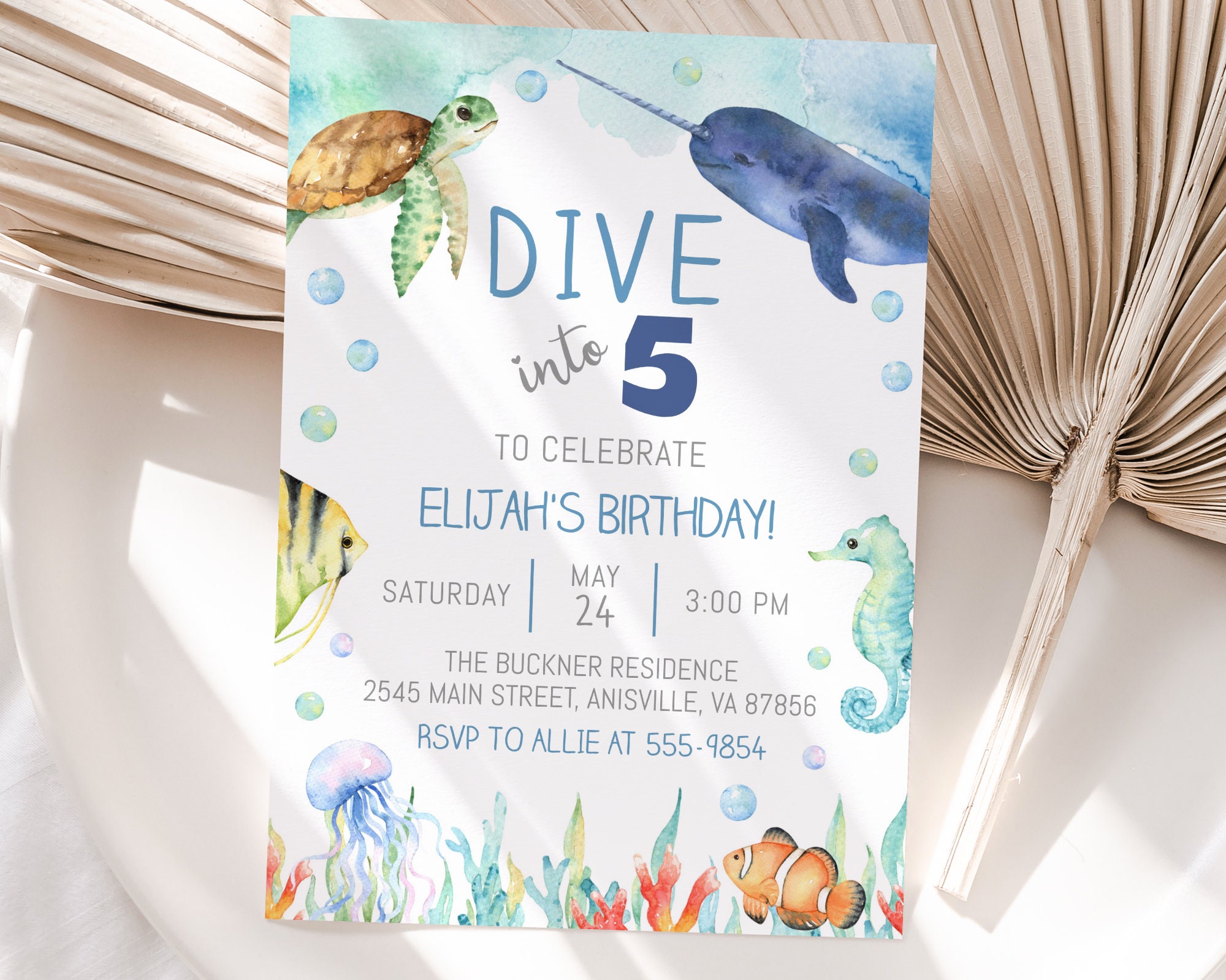Dive Into Five Birthday Invitation Template, Ocean Animals, Blue, Boy ...