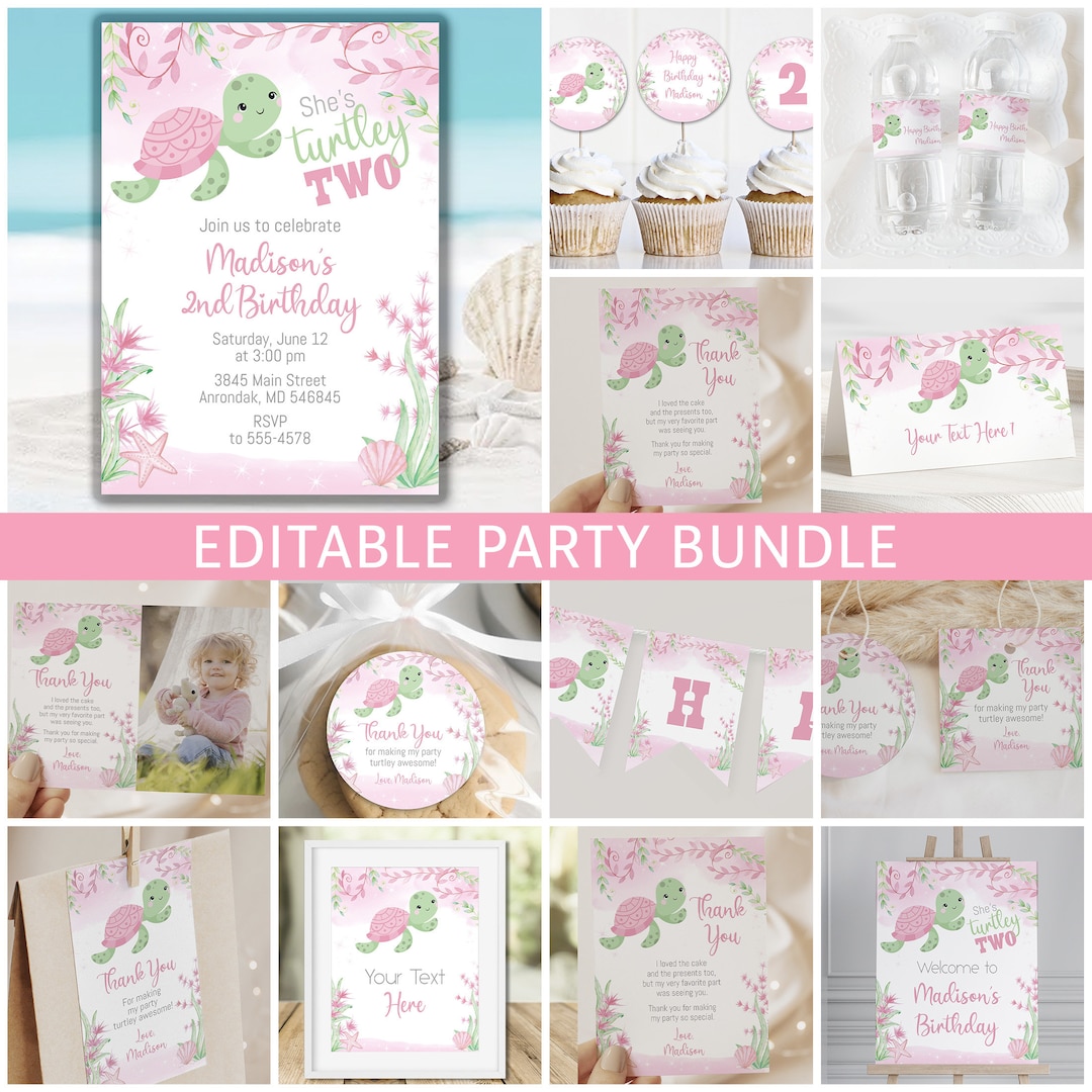 Turtley Two Party Bundle, Second Birthday, Girl Turning Two, Purple ...