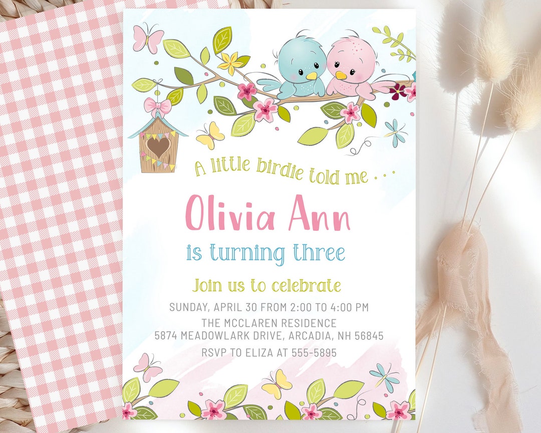 Bird Birthday Invitation Template, Editable, Turning Three, Third ...
