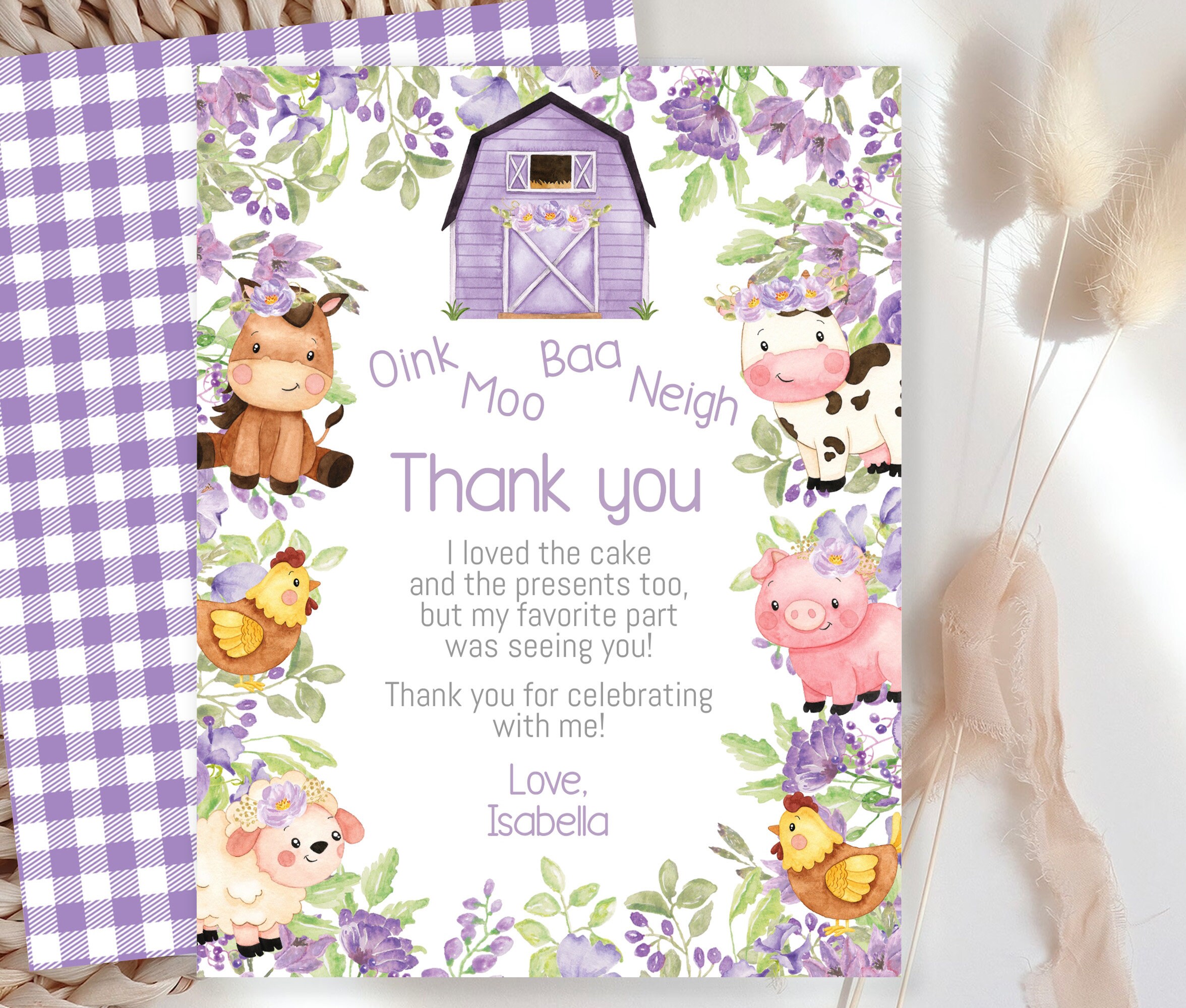 Farm Purple Thank You Note Printable Editable Template Barnyard Party ...
