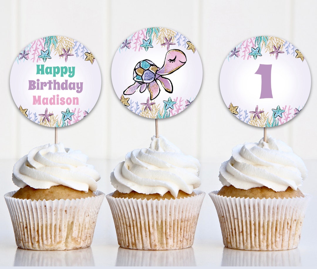 Turtle Cupcake Toppers, First Birthday, Editable, Turning One, Onder ...