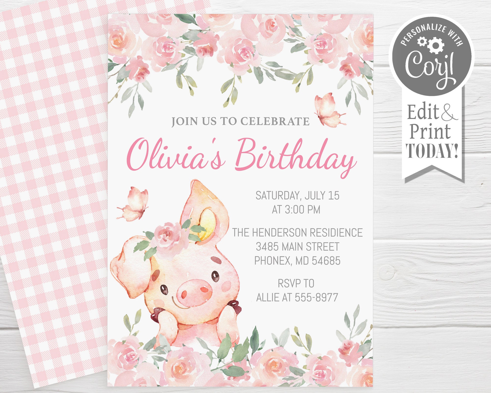 Pig Birthday Invitation, Editable, Cute Piglet With Pink Flowers ...
