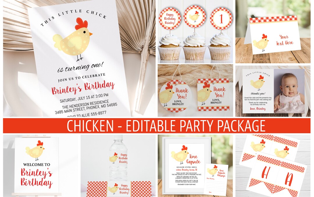 Chicken Party Package, Farm Party Bundle, First Birthday, Girl, Red ...
