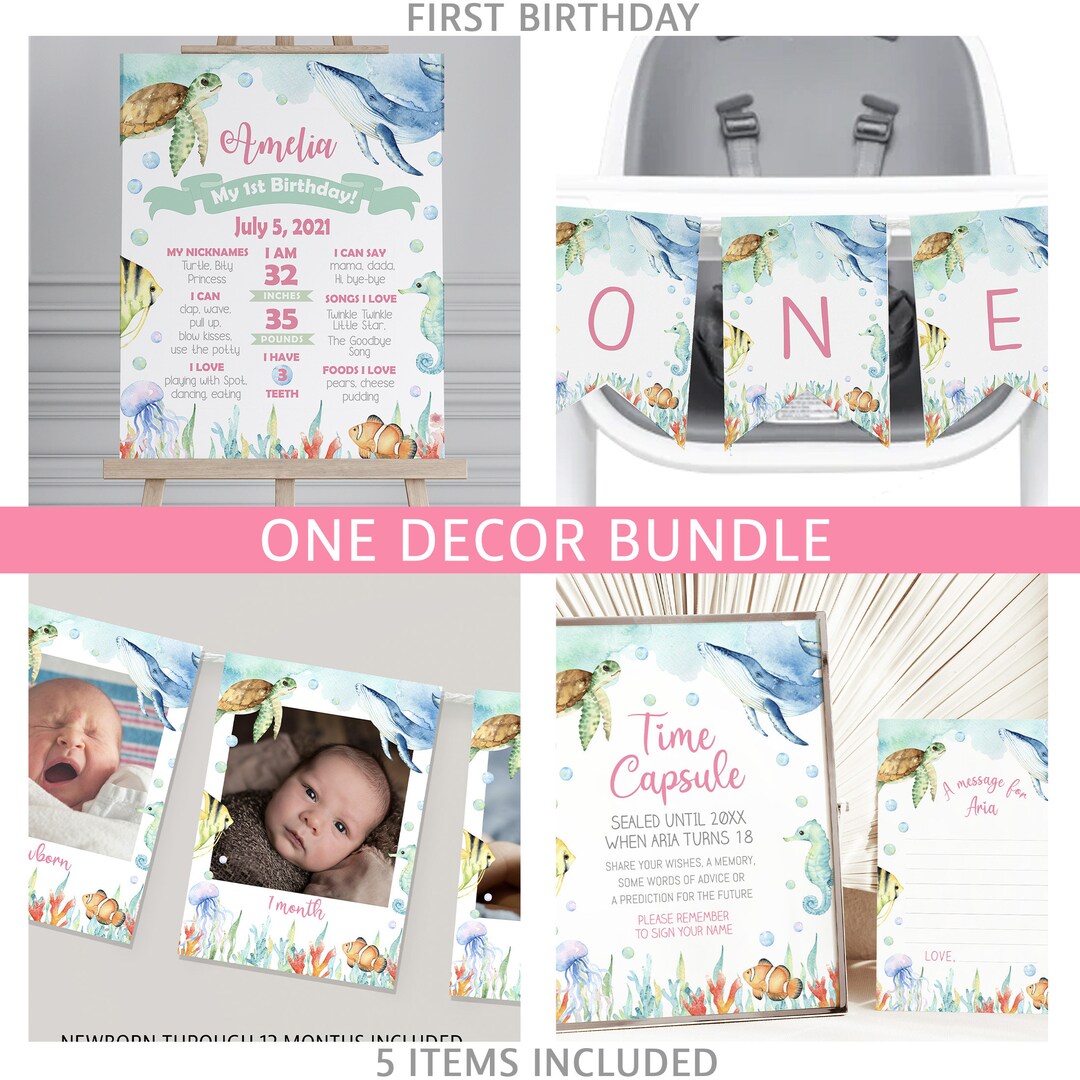 Ocean Decor Bundle, First Birthday, Watercolor Ocean Pink, Milestone ...
