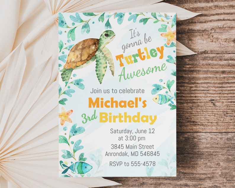 Turtle Birthday Invitation Editable Turtley Awesome Under - Etsy