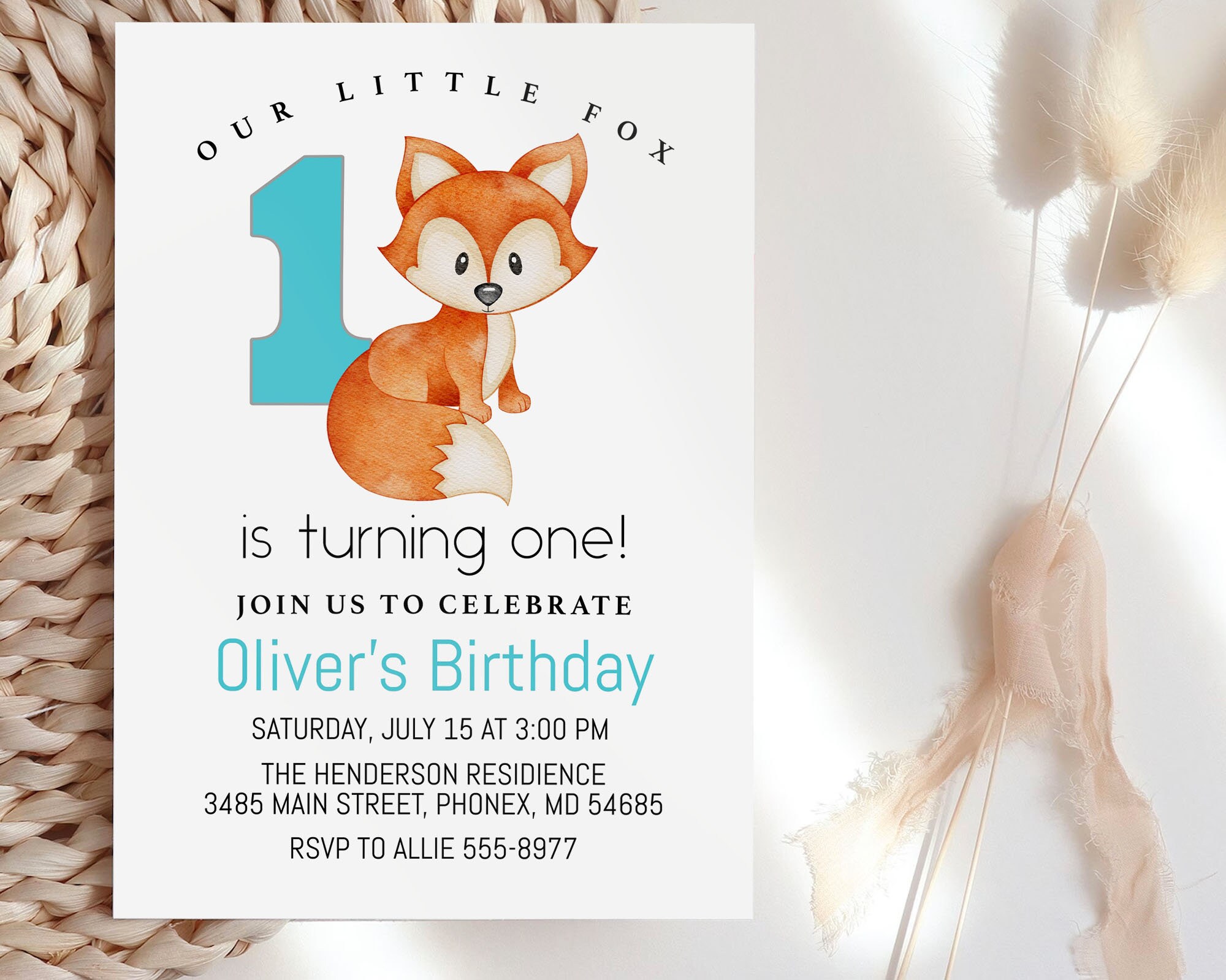 Woodand Animals Fox Birthday Invitation Template, Editable, Turning One ...