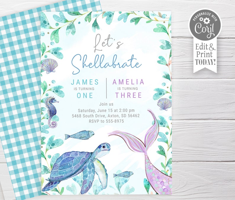 Turtle Mermaid Birthday Invitation Printable Template, Dual Party ...