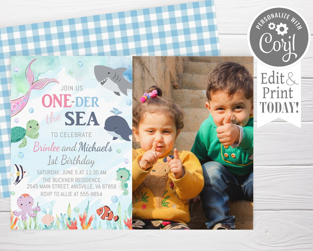 Oneder the Sea Mermaid Shark Birthday Photo Invitation, Editable, First ...
