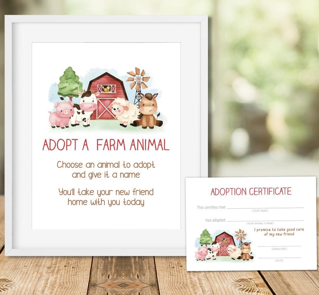 Adopt a Farm Animal Certificate, Printable Party Activity (digital ...