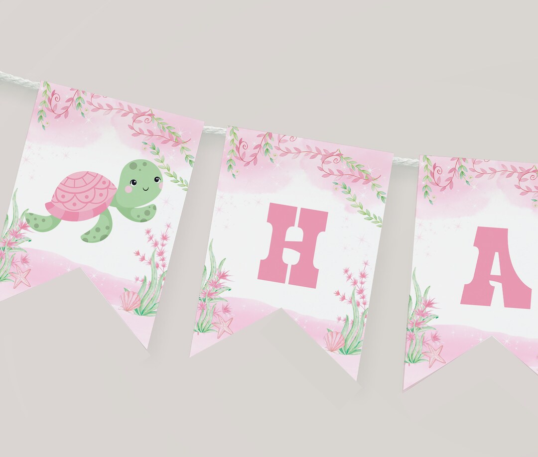 Pink Turtle Birthday Banner Template, Editable Party Decor (instant ...