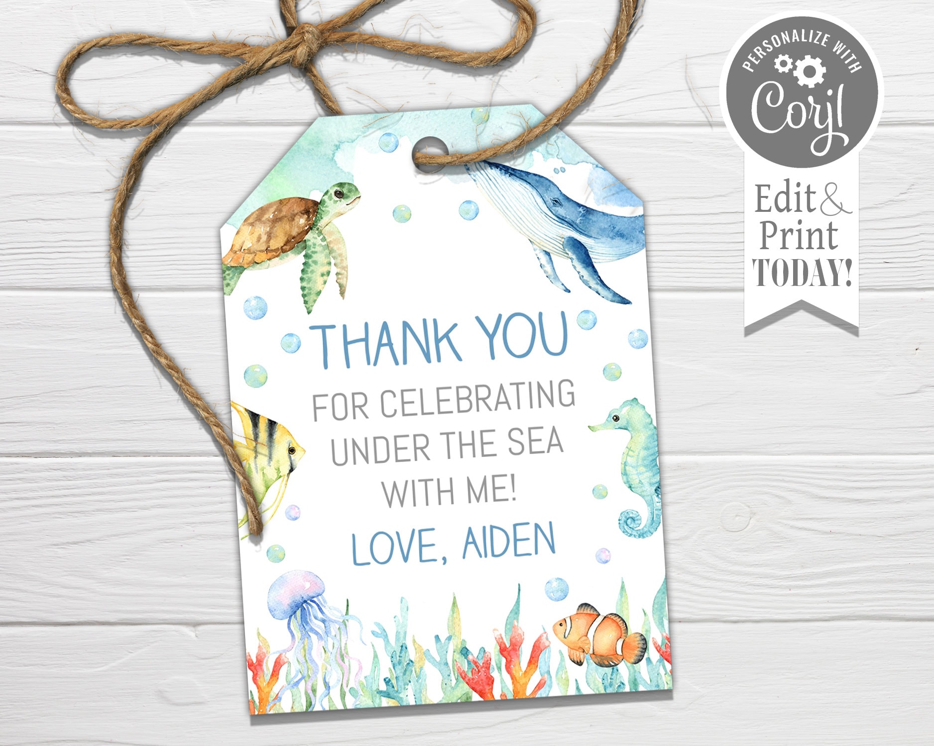 Ocean Favor Tags, Editable, Blue Ocean Animals, Birthday Hang Tag ...