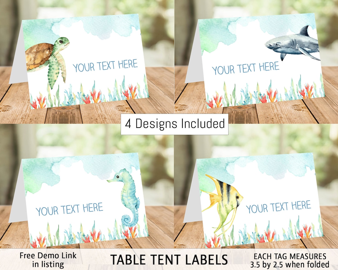 Ocean Animals Table Tent Label, Turtle, Shark, Seahorse, Fish, Girl ...