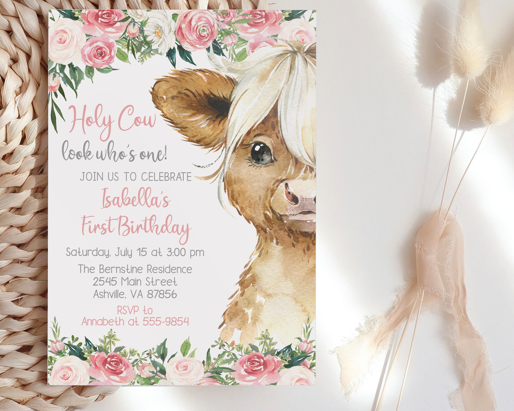 Highland Cow First Birthday Invitation Template Editable Cow - Etsy