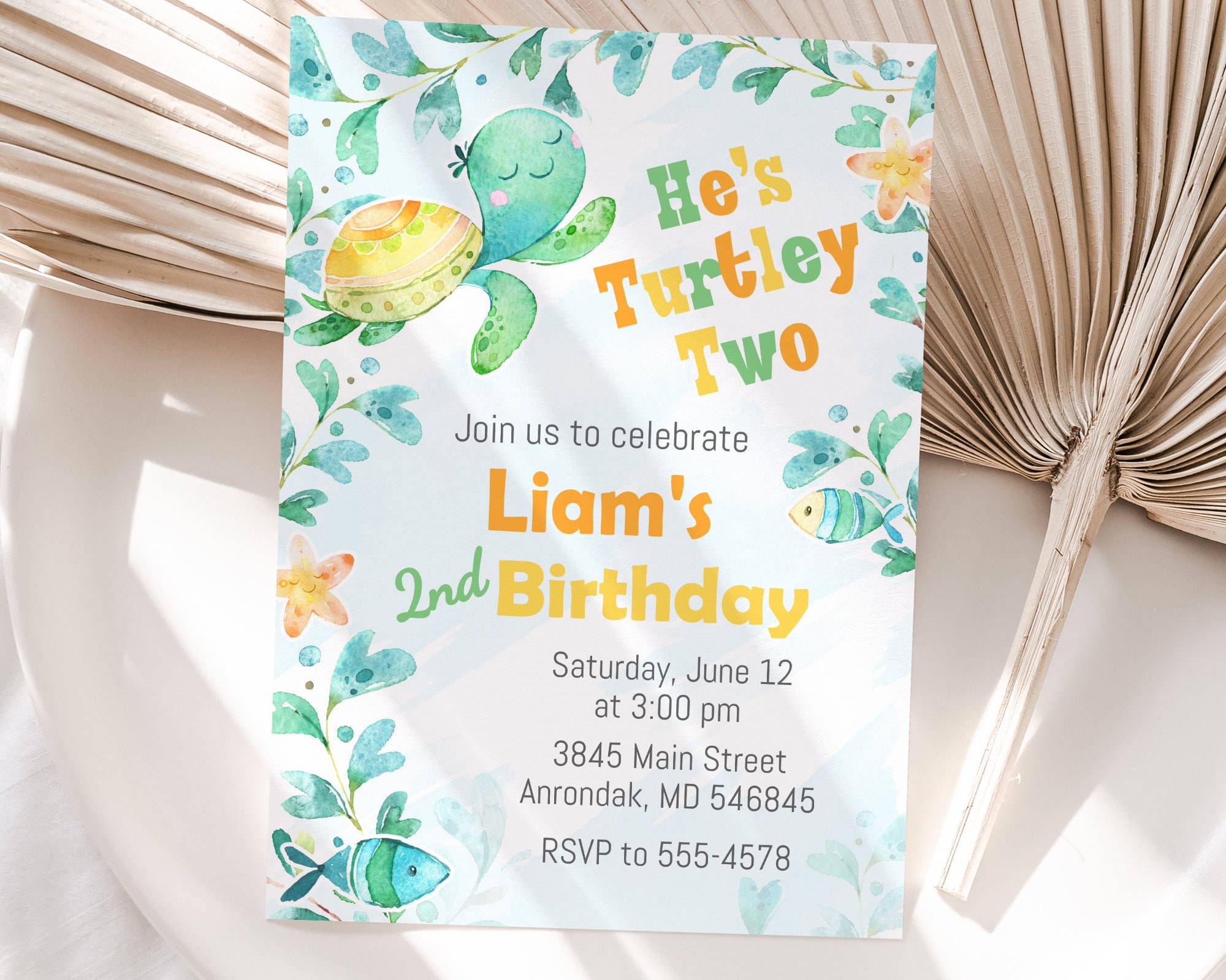 Turtle Birthday Invitation Template, Editable, Turtley Two, Second ...