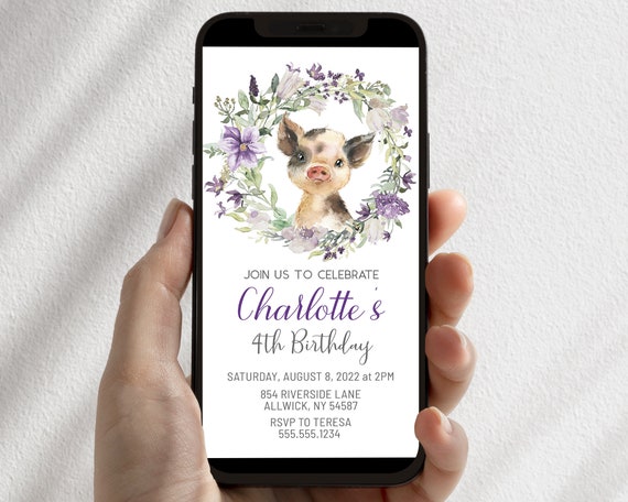 Pig Birthday Evite, Purple Flowers Textable Invitation, editable ...