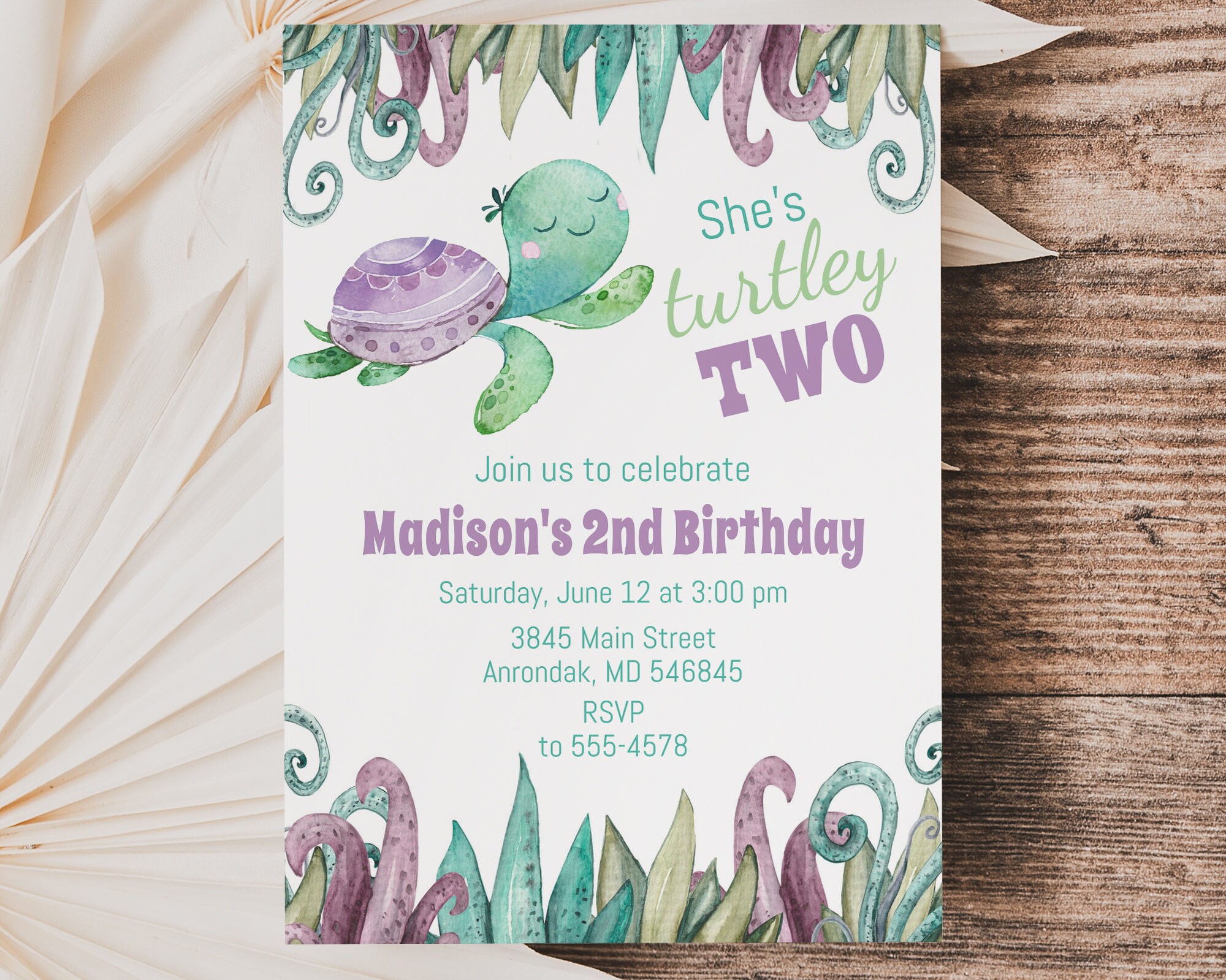 Turtley Two Birthday Invitation Editable Turtle Invitation - Etsy