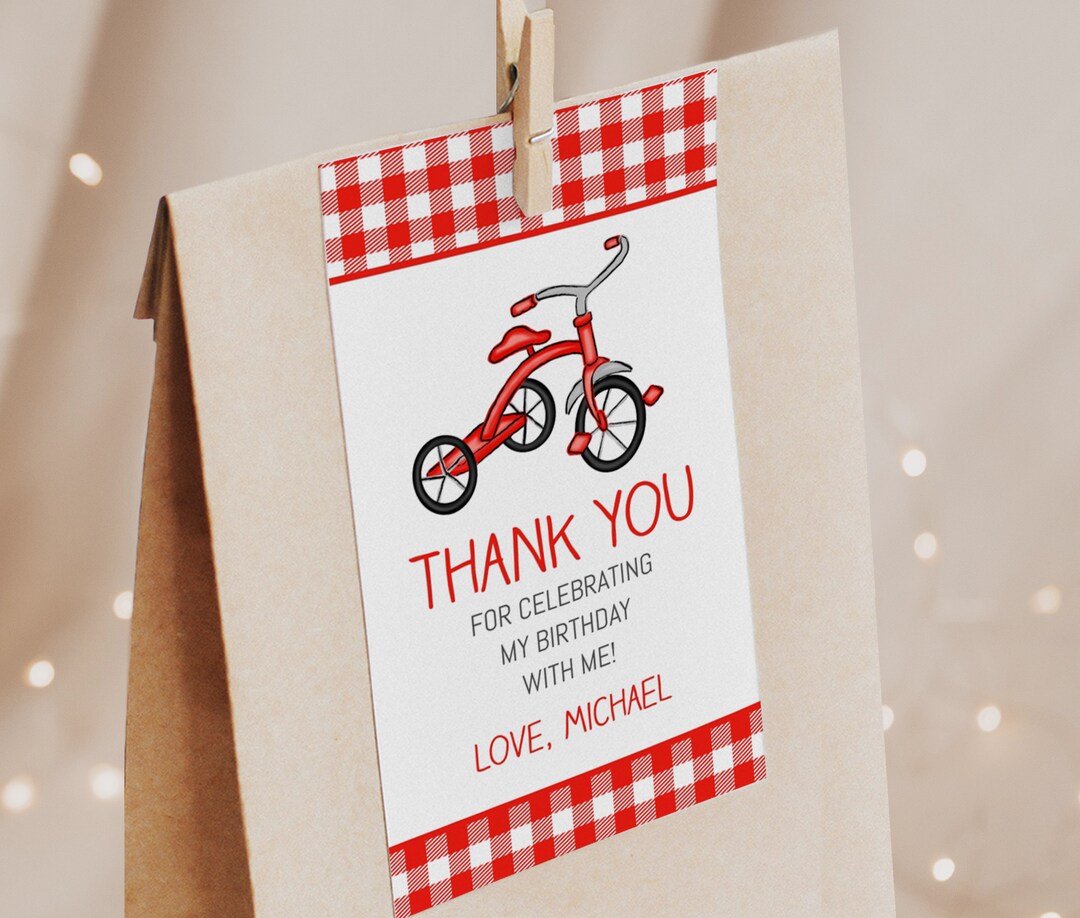 Tricycle Favor Tags Template, Editable, Digital You-print Hang Tag, Red ...