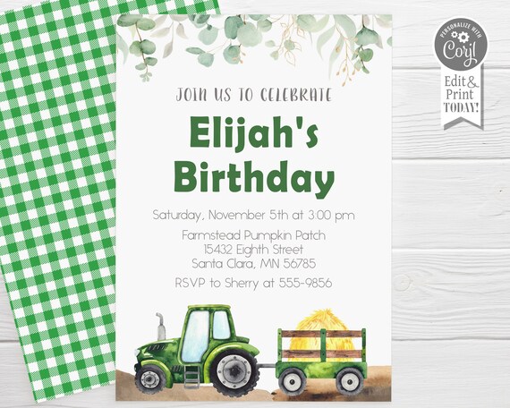 Tractor Birthday Invitation, editable, Green tractor Invitation, farm ...