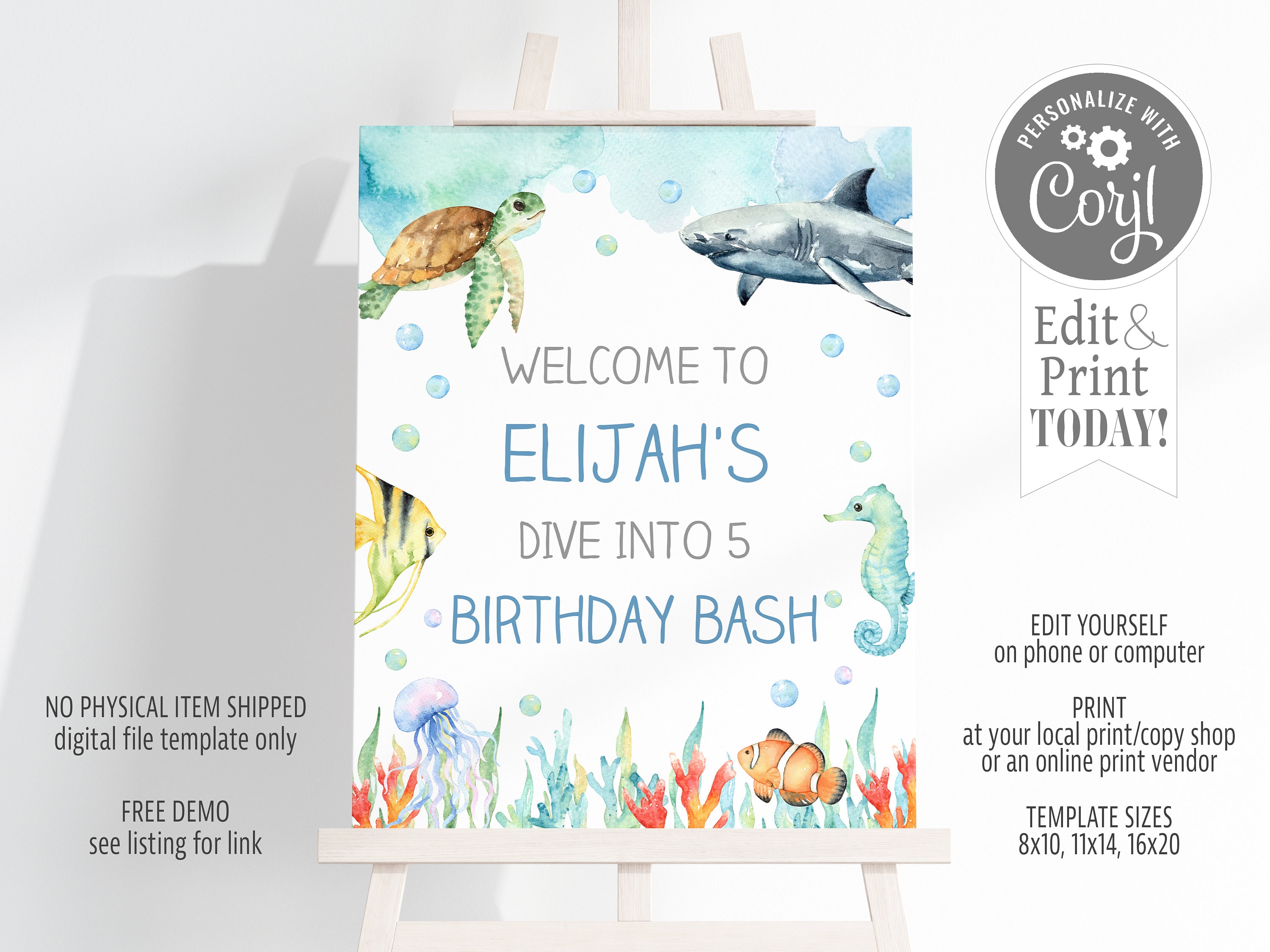 Dive Into Five Welcome Sign Templates With Ocean Animals in 8x10, 11x14 ...