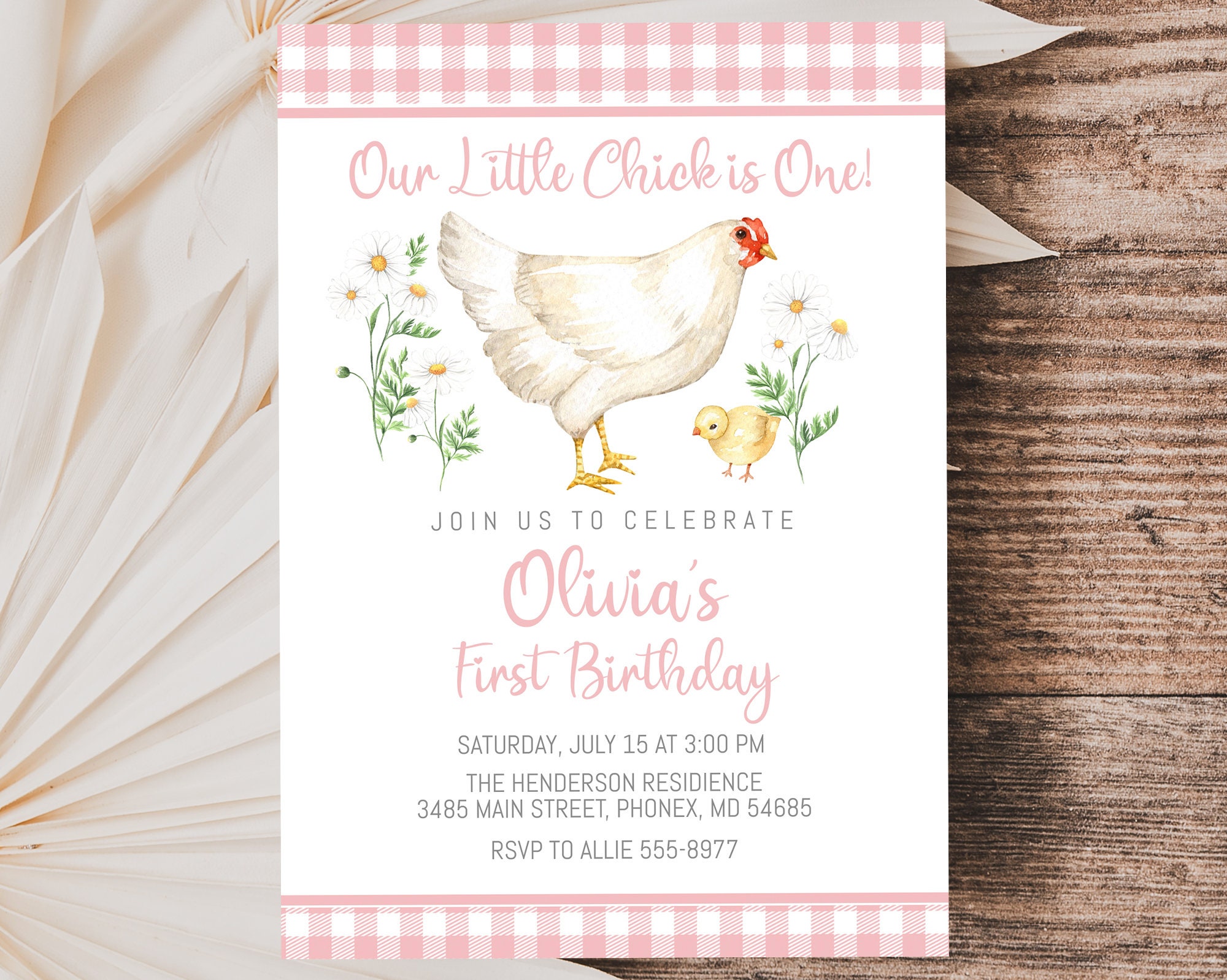 Chicken Birthday Invitation Template in Pink Gingham, Daisy Flowers ...