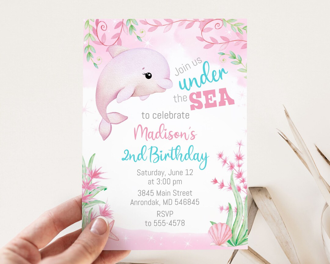Dolphin Birthday Invitation, Sea Shells, Pink, Editable, Under the Sea ...