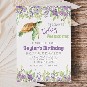Turtle Birthday Invitation Template: Purple Floral, Editable (digital ...