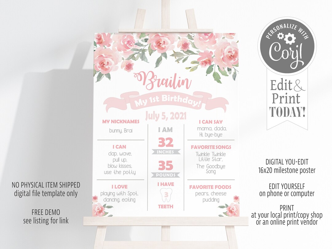 Pink Floral Milestone Poster, 16x20, Birthday Milestone Sign, Flowers ...