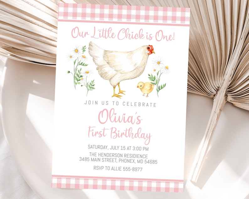 Chicken Birthday Invitation Template in Pink Gingham, Daisy Flowers ...