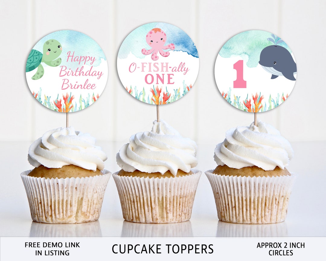 Ofishally One Cupcake Toppers, Editable Pink Ocean Animals, Fish ...