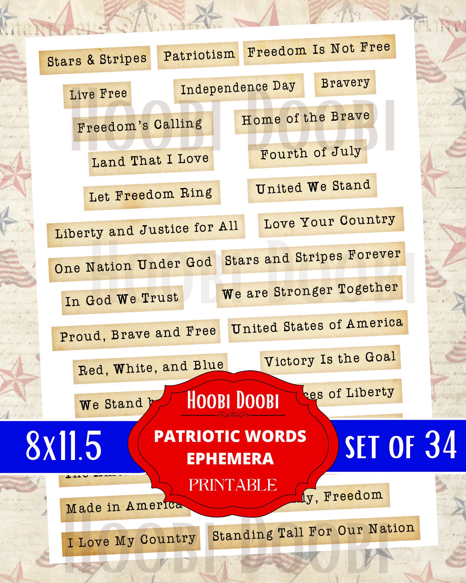 Patriotic American Printable Words, Spring, Junk Journal USA Ephemera ...