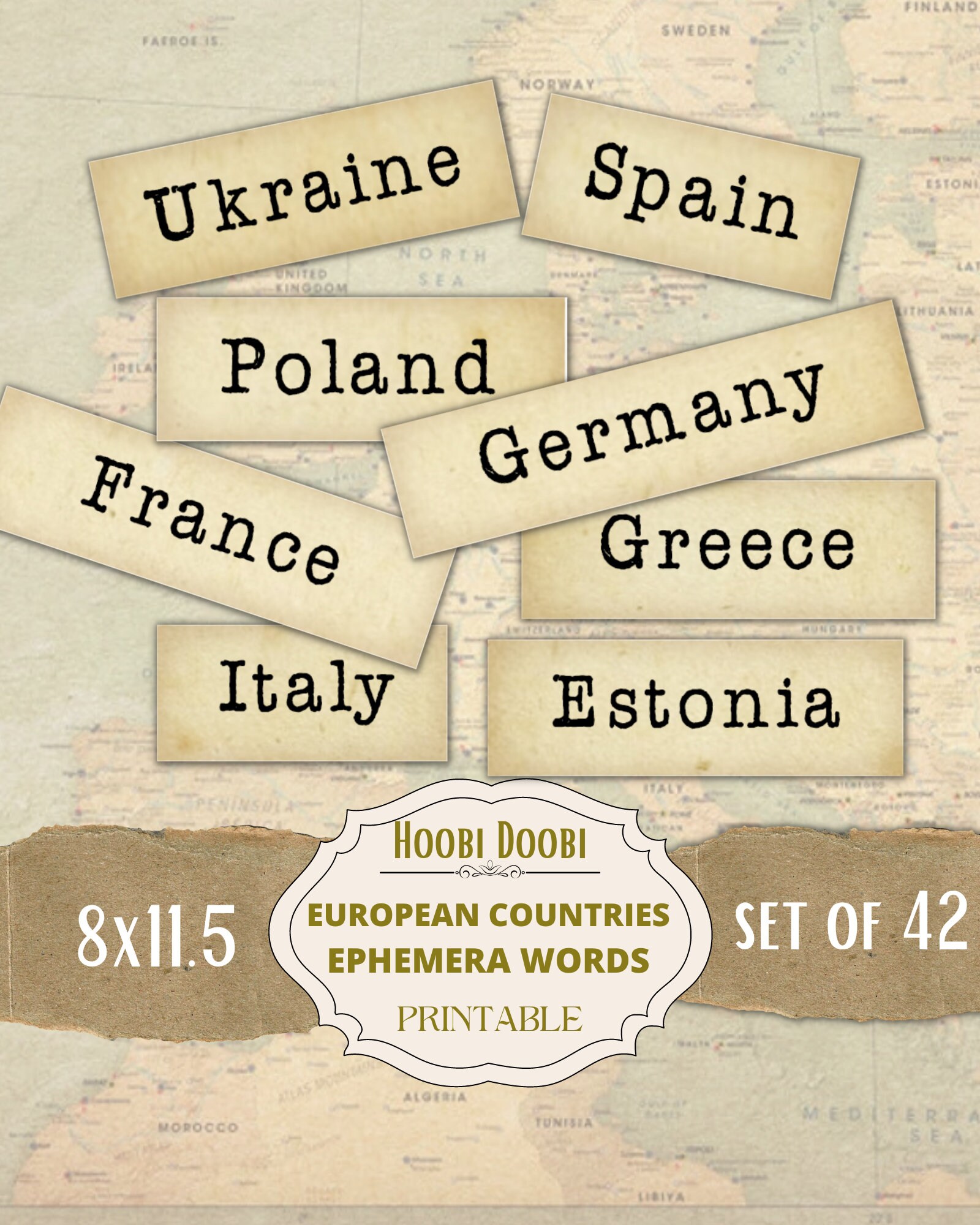 European Countries Printable Words, Capitals, Junk Journal Ephemera ...