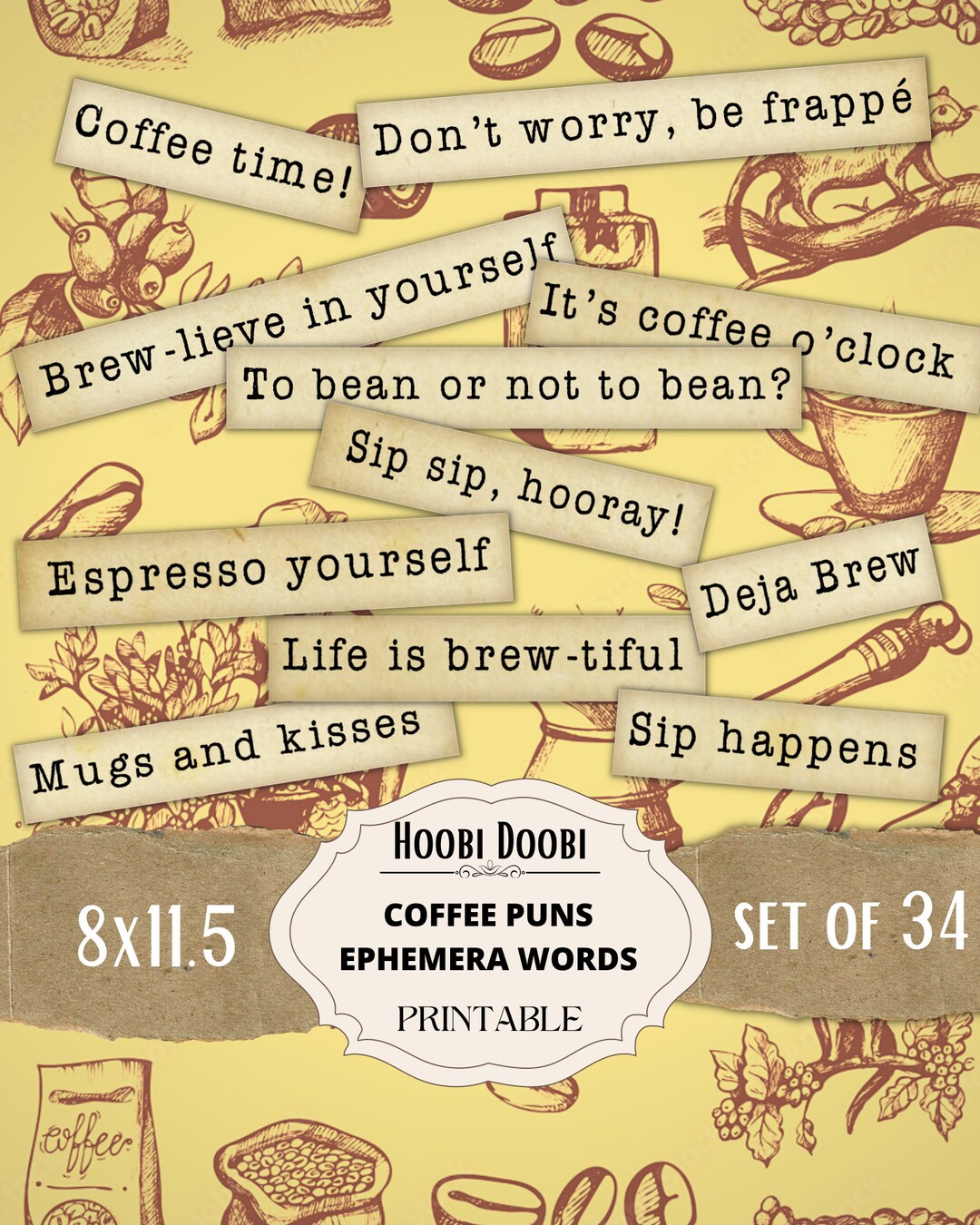 Coffee Drink Puns Printable Words, Junk Journal Quotes Ephemera ...