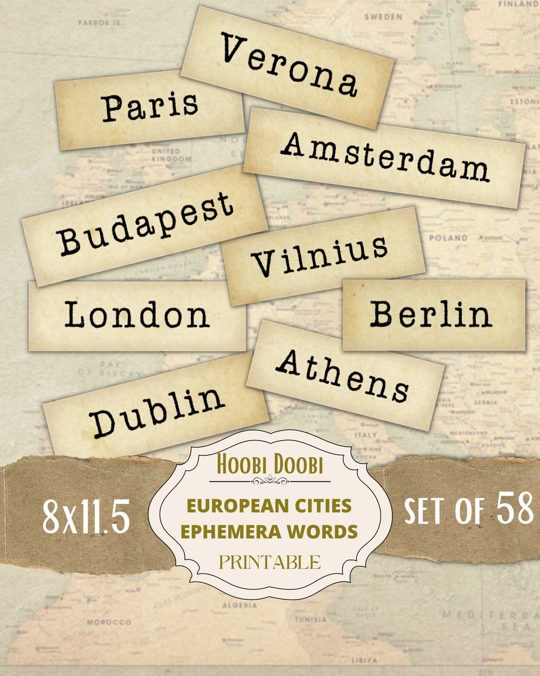 European Cities Printable Words, Capitals, Junk Journal Ephemera ...
