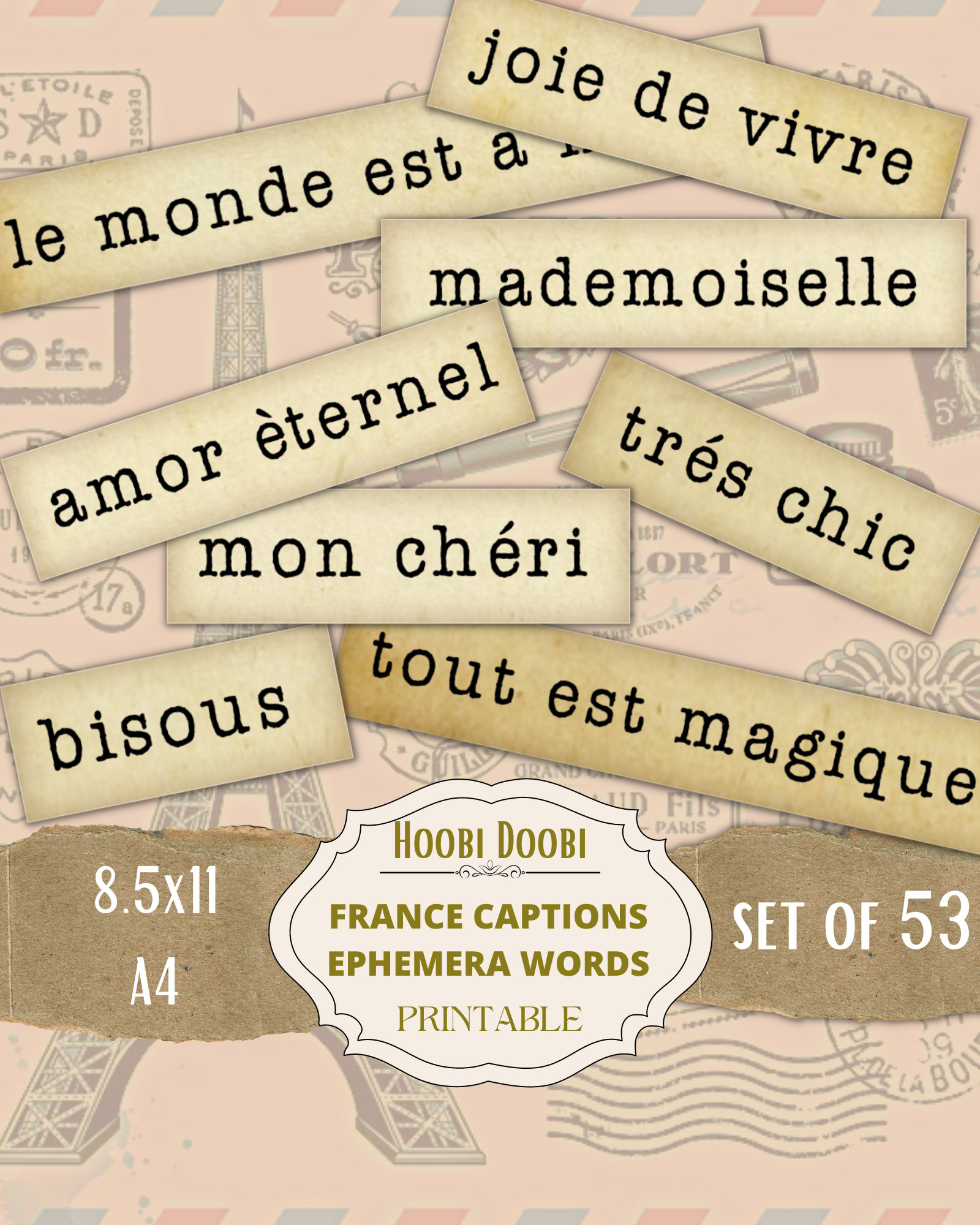 Mots imprimables français, Junk Journal France Ephemera, Collage Sheet ...