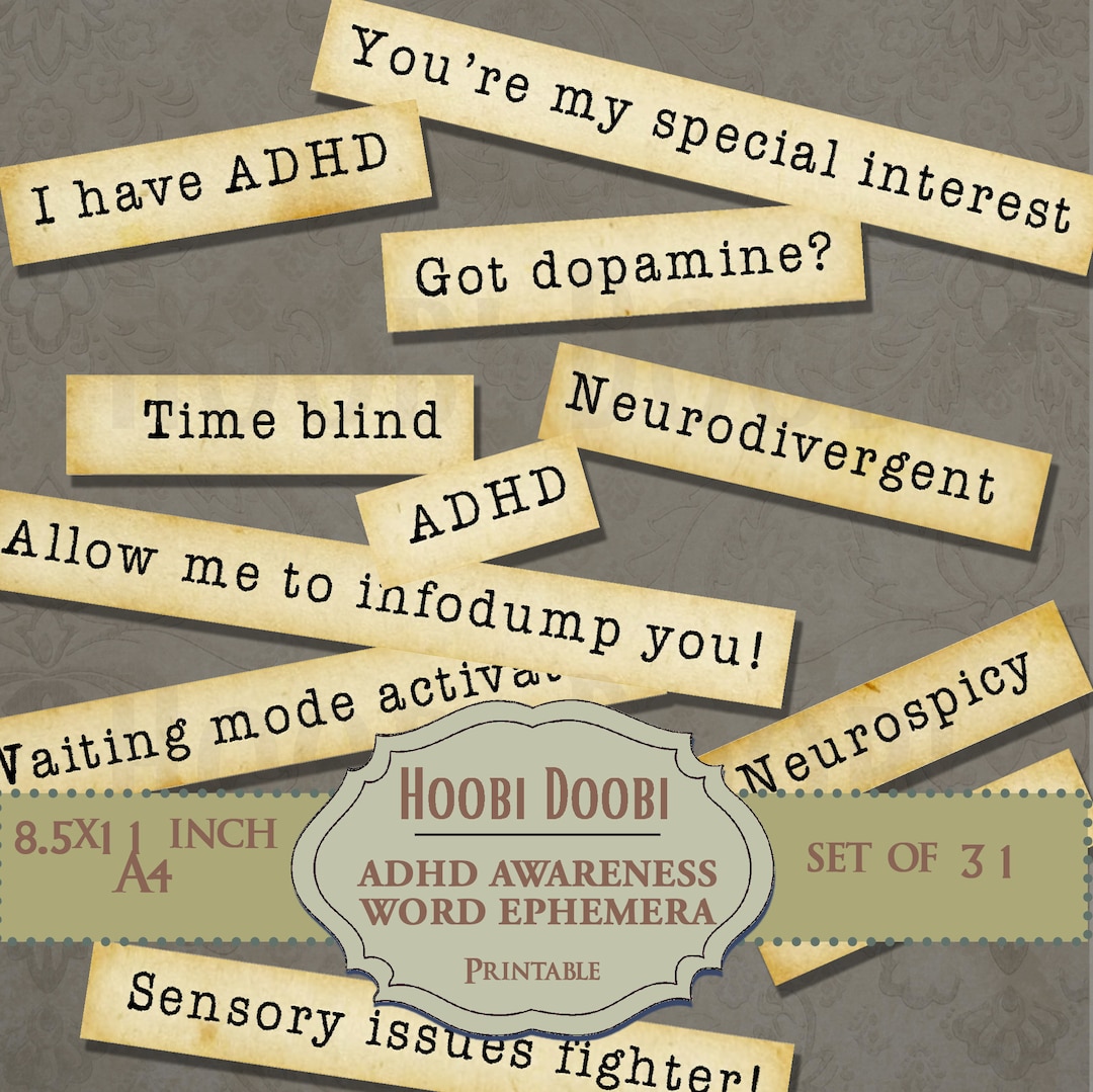 ADHD Awareness Puns & Words, Printable Ephemera, Junk Journal Mental ...