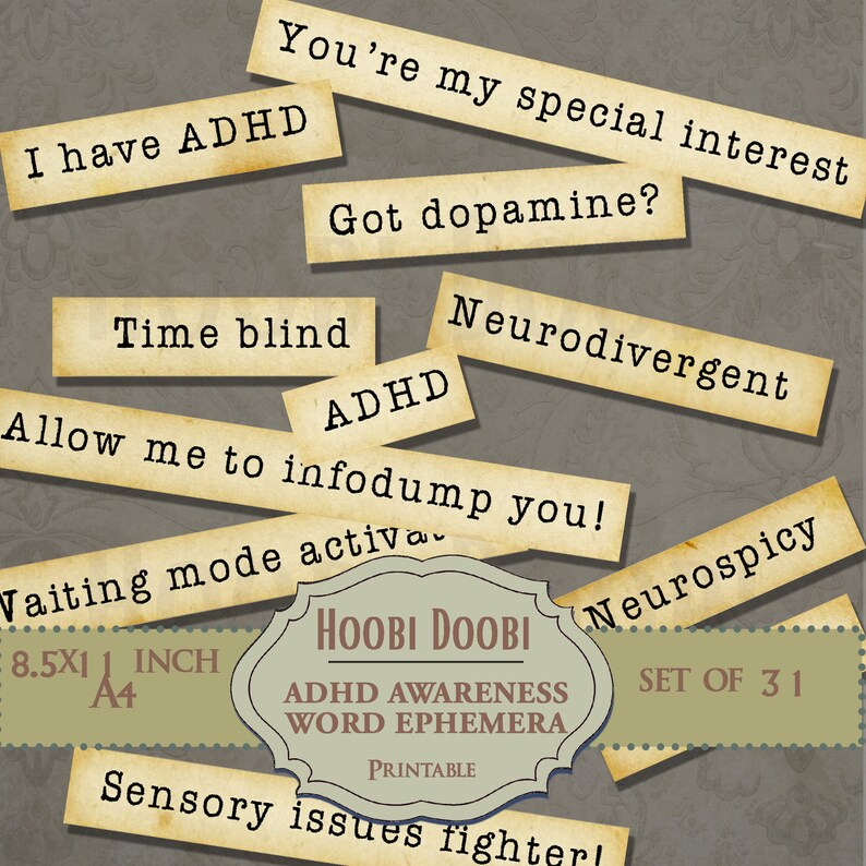 ADHD Awareness Puns & Words, Printable Ephemera, Junk Journal Mental ...