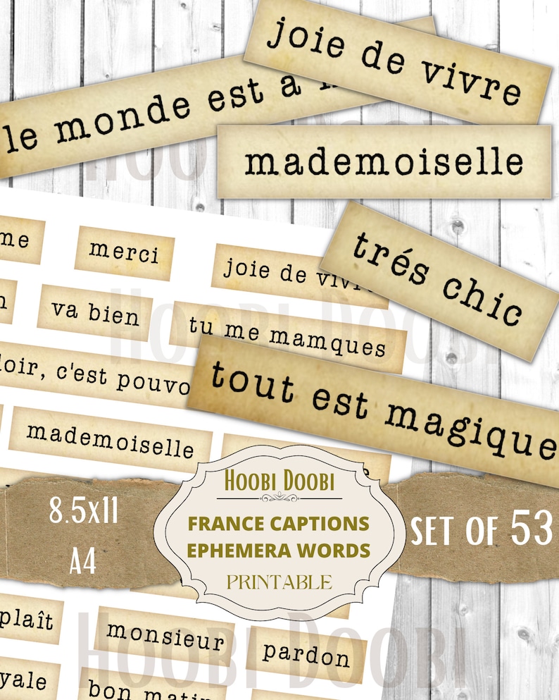 Mots imprimables français, Junk Journal France Ephemera, Collage Sheet ...