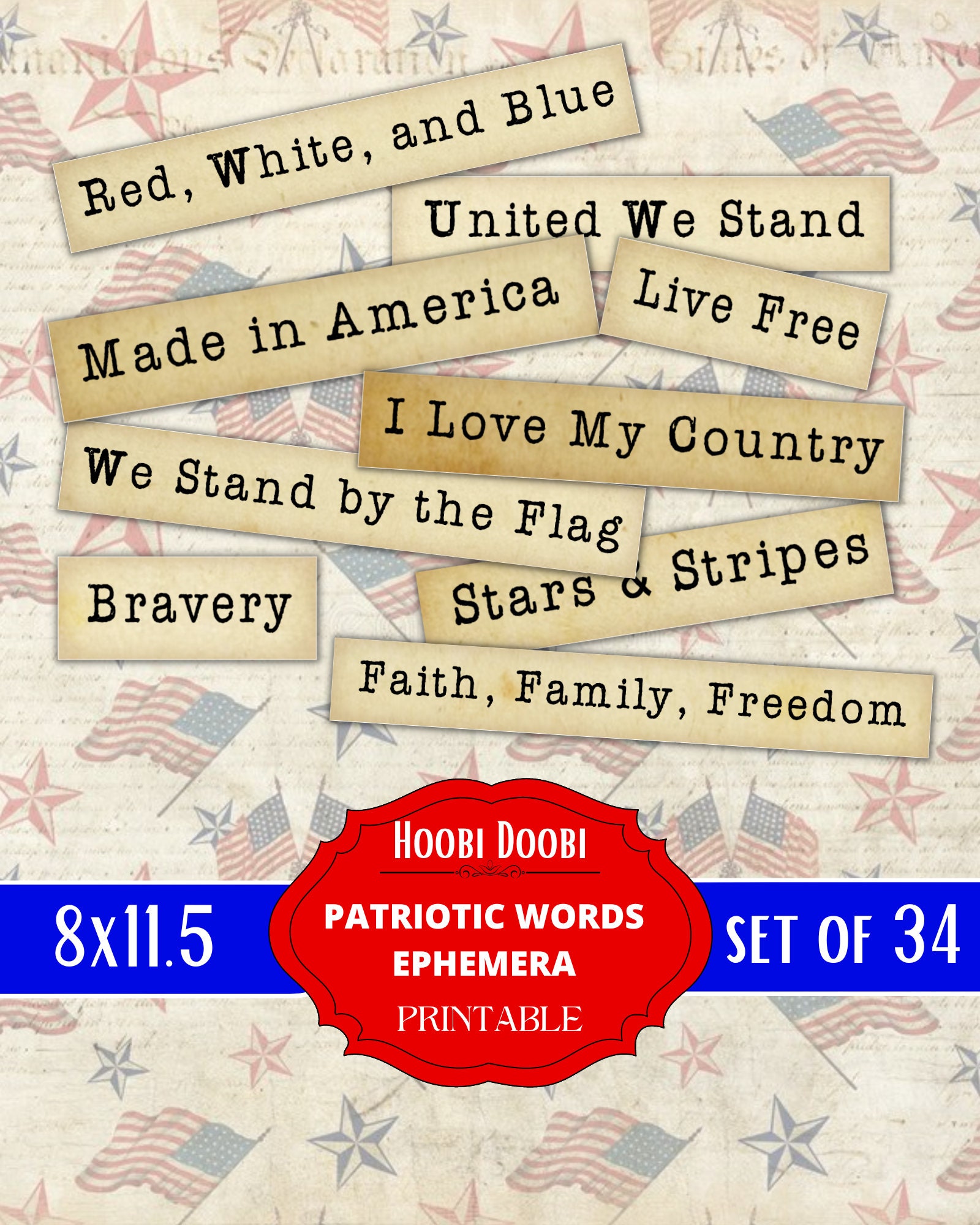 Patriotic American Printable Words, Spring, Junk Journal USA Ephemera ...