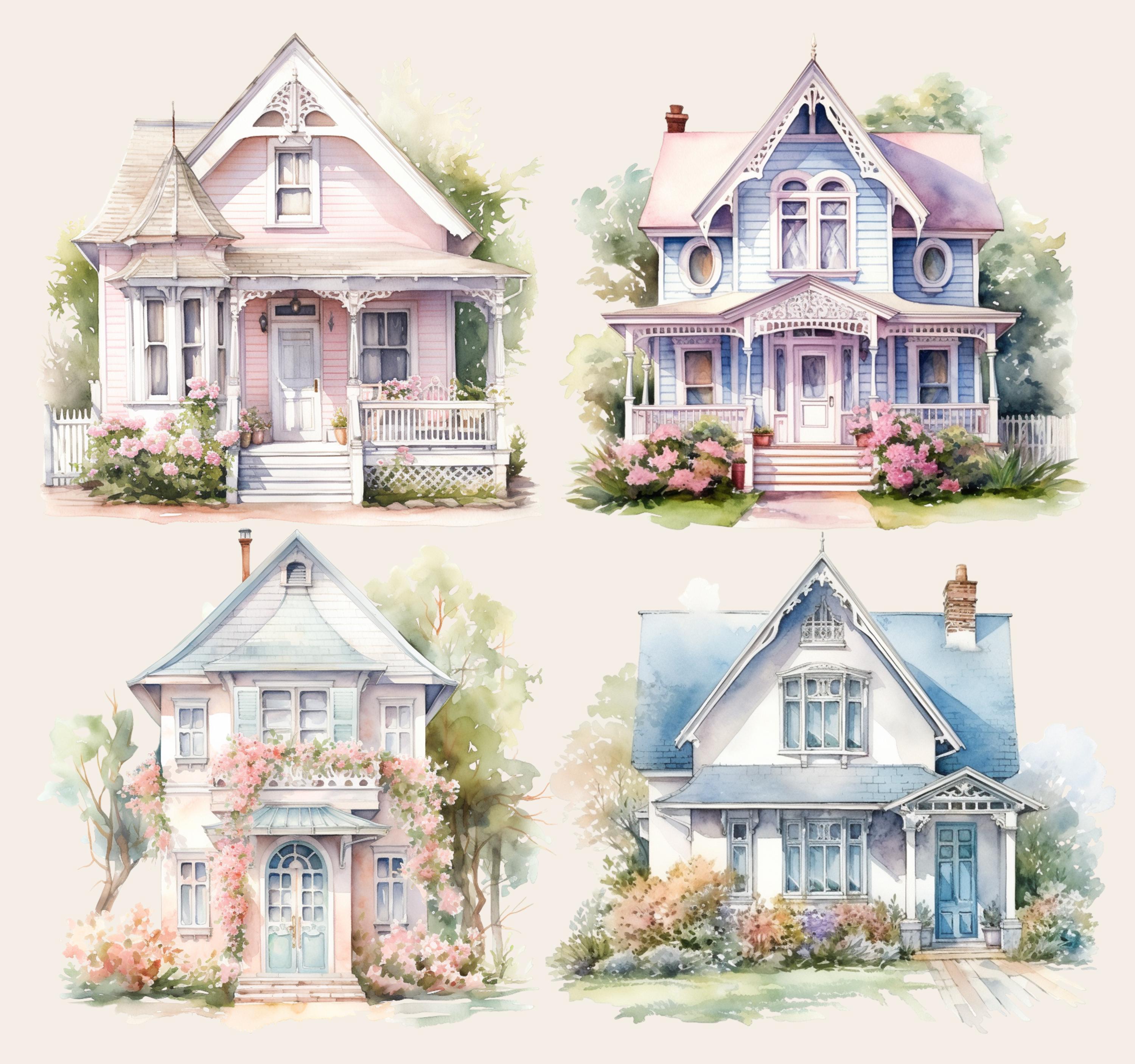 Country House Clipart Pastel Colors Watercolor Set Png - Etsy