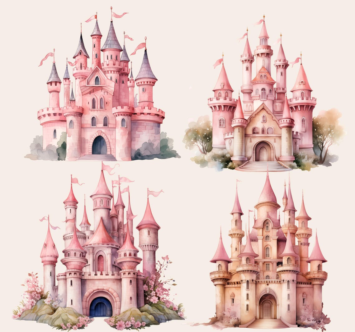Pink Castle Watercolor Cute Clipart Png - Etsy