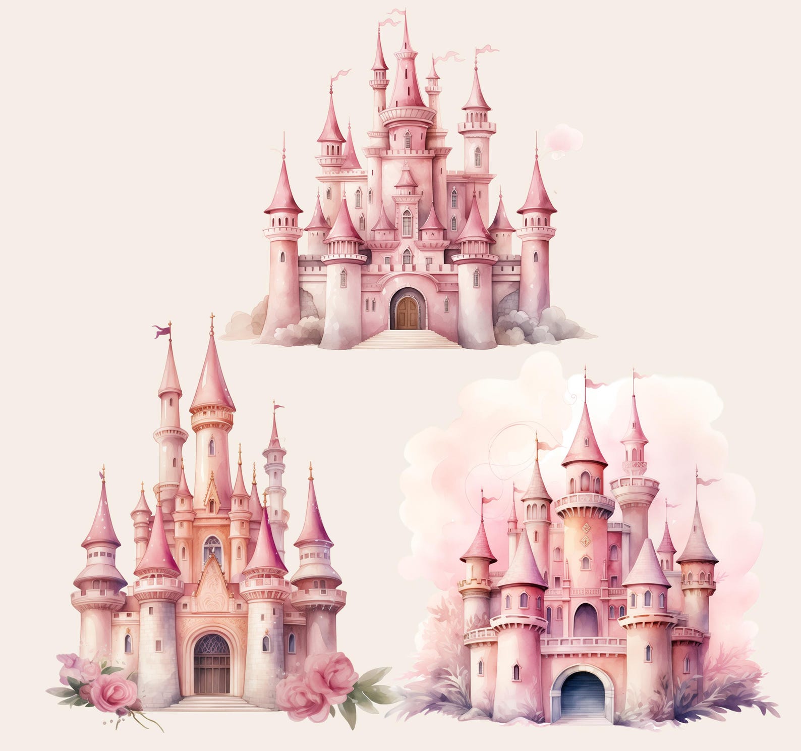 Pink Castle Watercolor Cute Clipart Png - Etsy