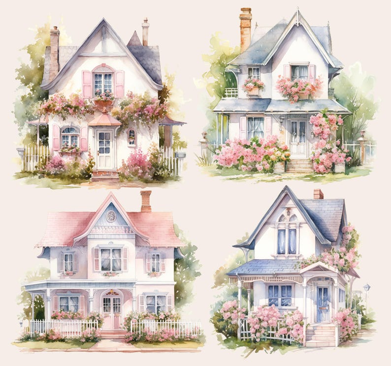 Country House Clipart Pastel Colors Watercolor Set Png - Etsy