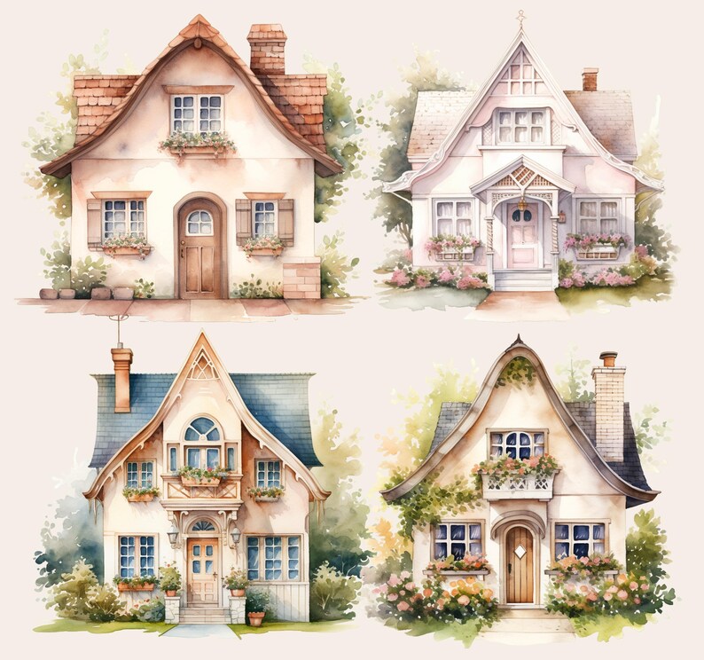 Country Cute House and Doors Clipart Pastel Colors Watercolor Set Png ...
