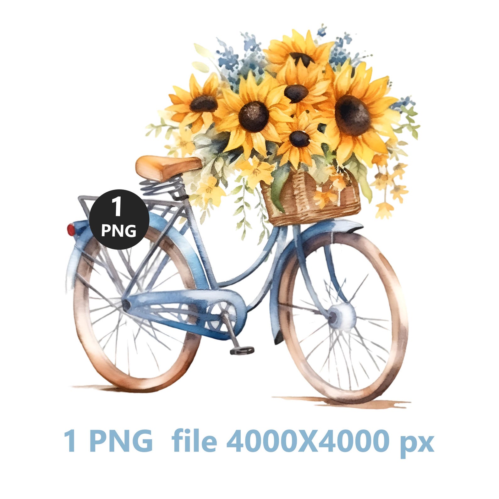 Watercolor Spring Blue Bicycle With Flowers Print, Sublimation Png ...