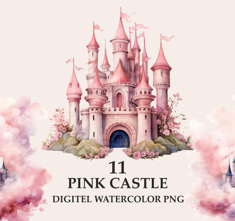 Pink Castle Watercolor Cute Clipart Png - Etsy