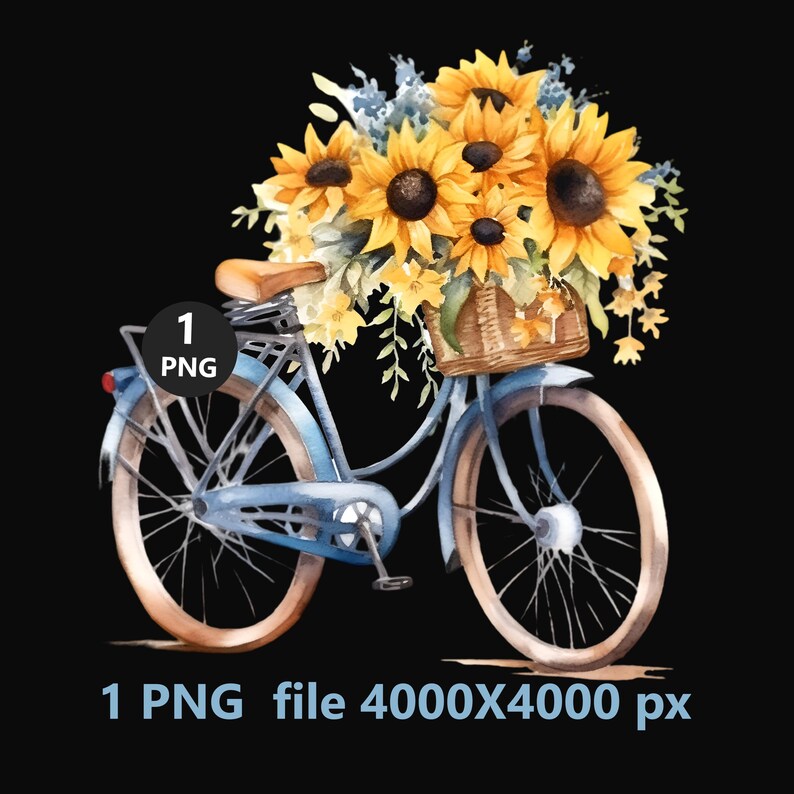 Watercolor Spring Blue Bicycle With Flowers Print, Sublimation Png ...