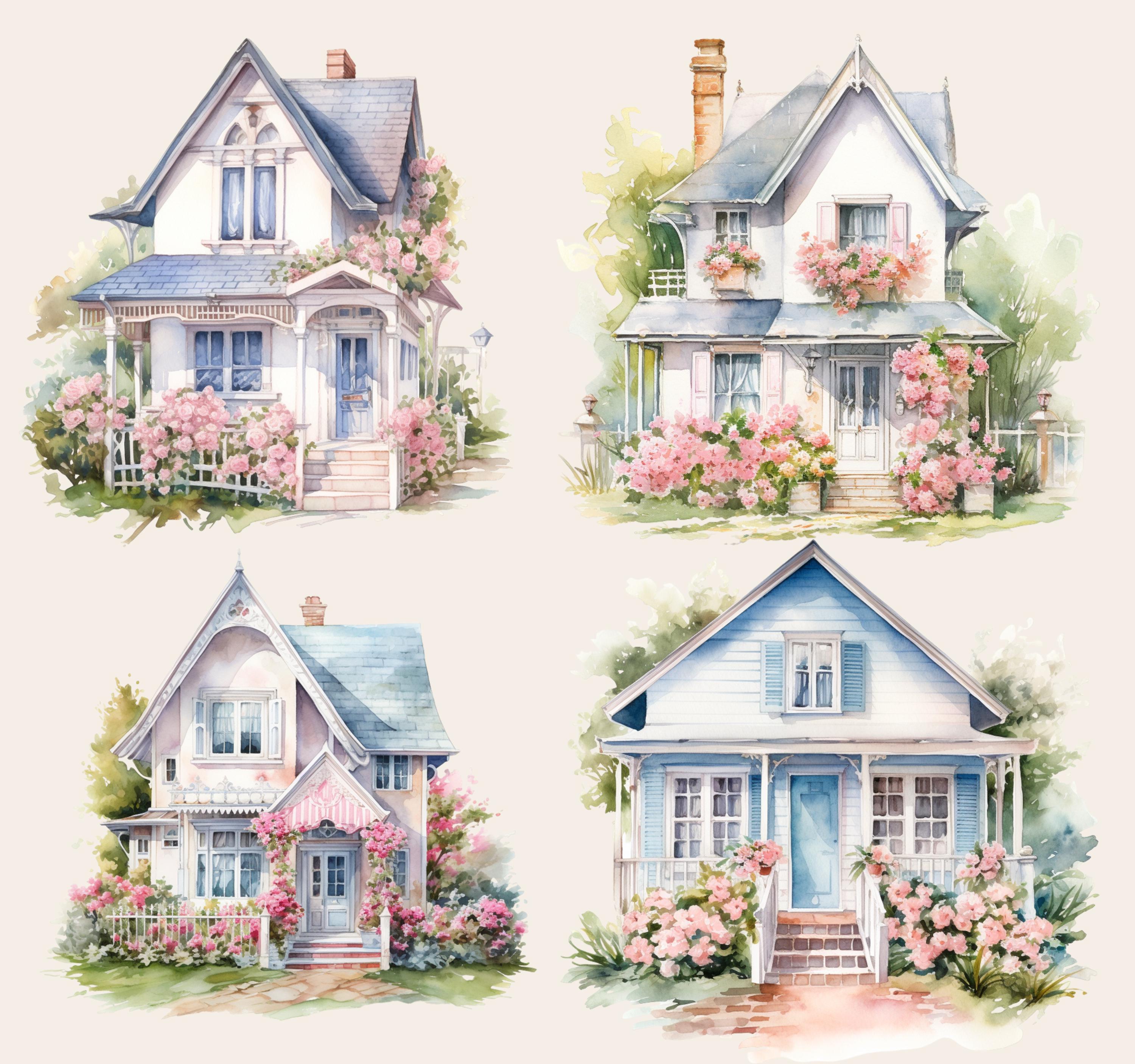 House With Roses Watercolor Clipart Png, Springhouse With Flowers Png ...